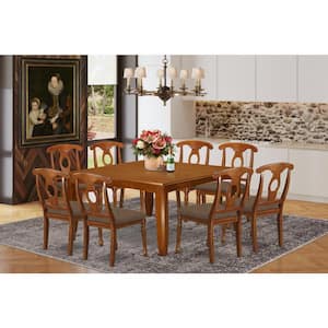 East West Furniture 9-Piece Square Saddle Brown Finish Solid Wood Top ...