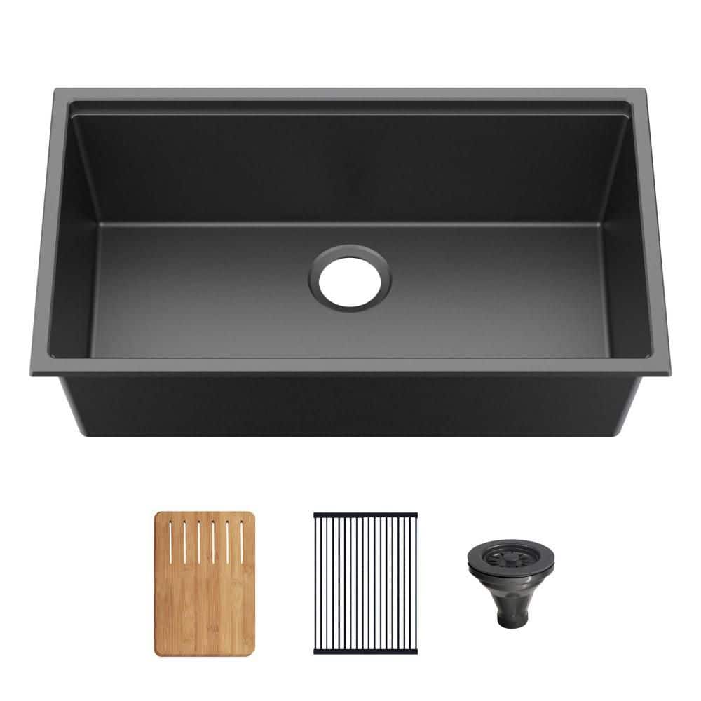 KIBI 33in. Undermount Single Bowl Matte Black Quartz Workstation ...