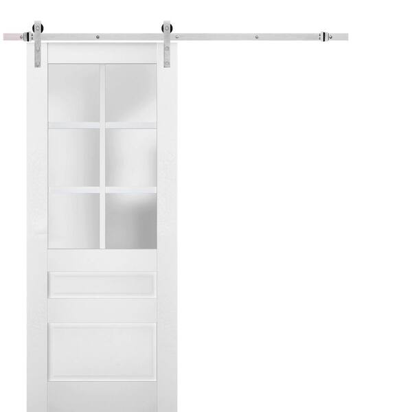 Sartodoors 28 in. x 84 in. 1 Panel Frosted Glass White Solid Wood Sliding Barn Door with ...