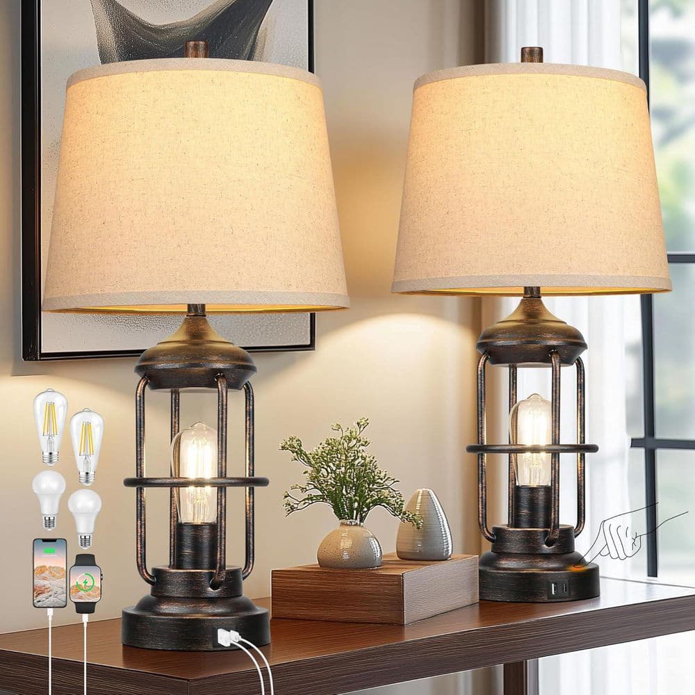 ROTTOGOON 23 in. Rustic Bronze Metal Table Lamp 2 Pack with USB A+C ...