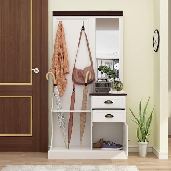 FUFU GAGA White Wood 4 in 1 Hall Tree Coat Rack Umbrella Holder with 2 Metal Double Hooks Mirror Drawers and Shoe Storage KF390054 01 The Home Depot