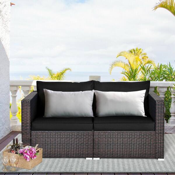 FORCLOVER 2 Piece Wicker Outdoor Loveseat with Black Cushions COWY BK66869