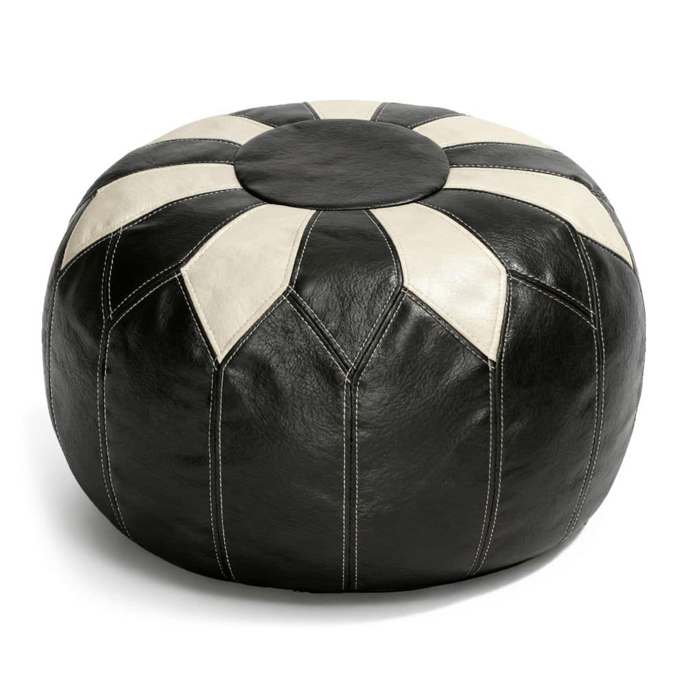 Moroccan Black and White Faux Leather Upholstered Round Pouf Ottoman ...