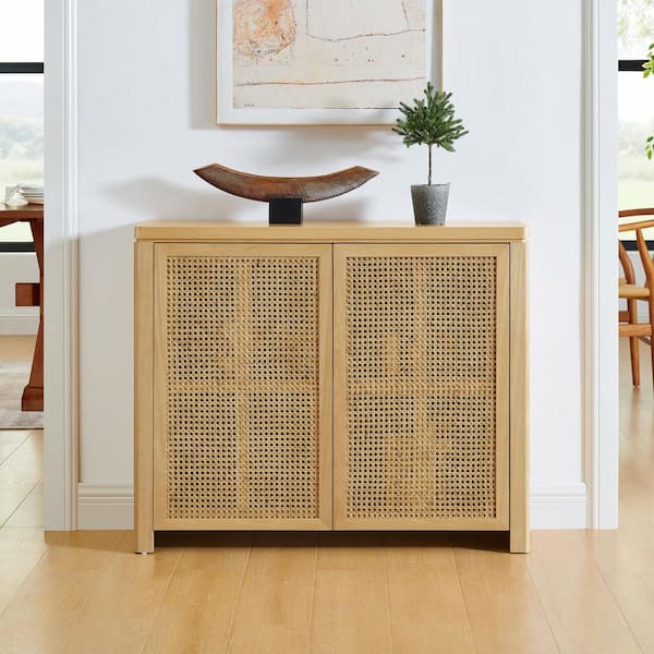 Seafuloy 39 in. Natural MDF Buffet Cabinet with Rattan Doors, 2 Outlet ...