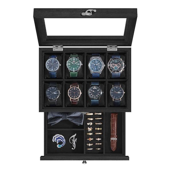 8-Slot Wooden Watch Box, 2-Tier Display Case with Glass Lid and Velvet ...