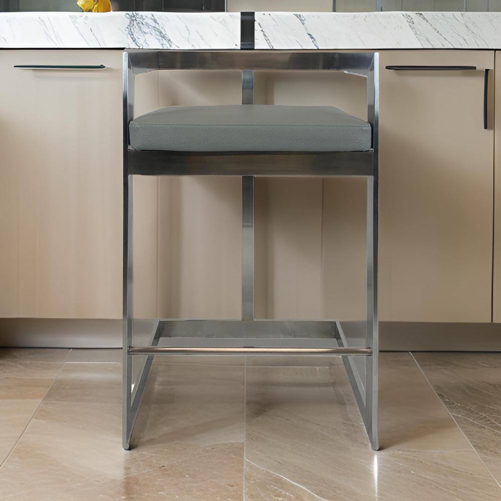 Benjara 26 in. Gray Low Back Metal Frame Bar Stool with Faux Leather ...