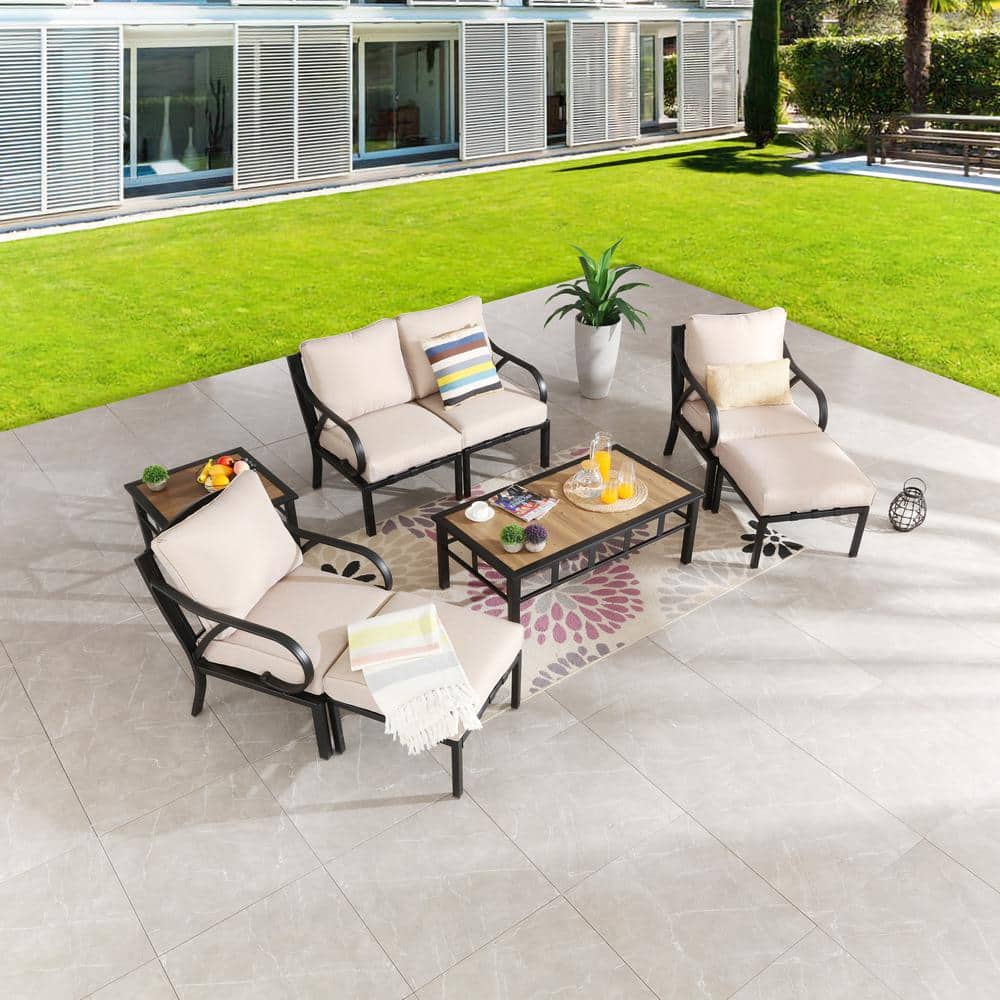 Patio Festival 8-Piece Metal Outdoor Sectional Set with Beige Cushions ...