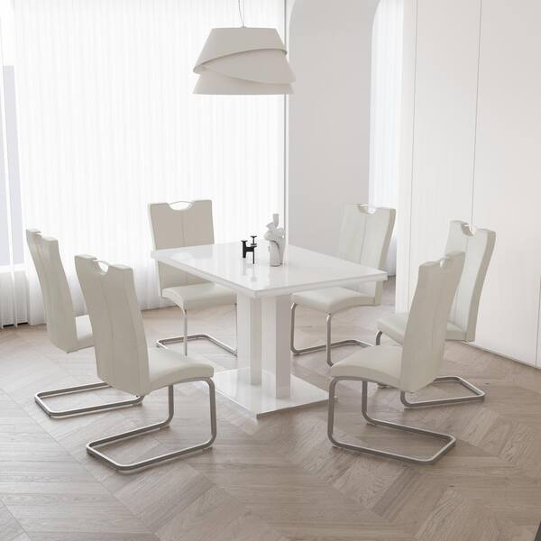 GOJANE 7-Piece Rectangle White MDF Table Top Dining Room Set Seating 6 ...