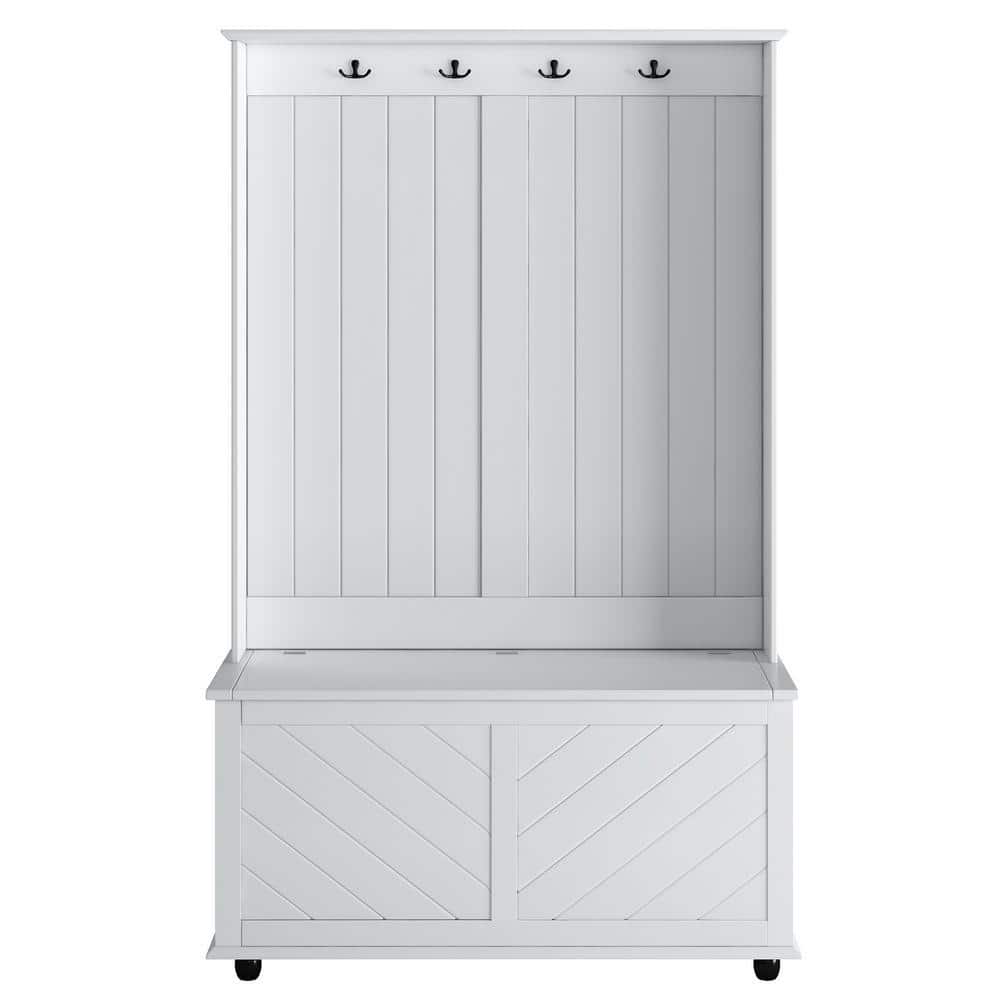U-Can White 40 in. W Hall Tree with 4 Hooks Coat Hanger Entryway Bench ...