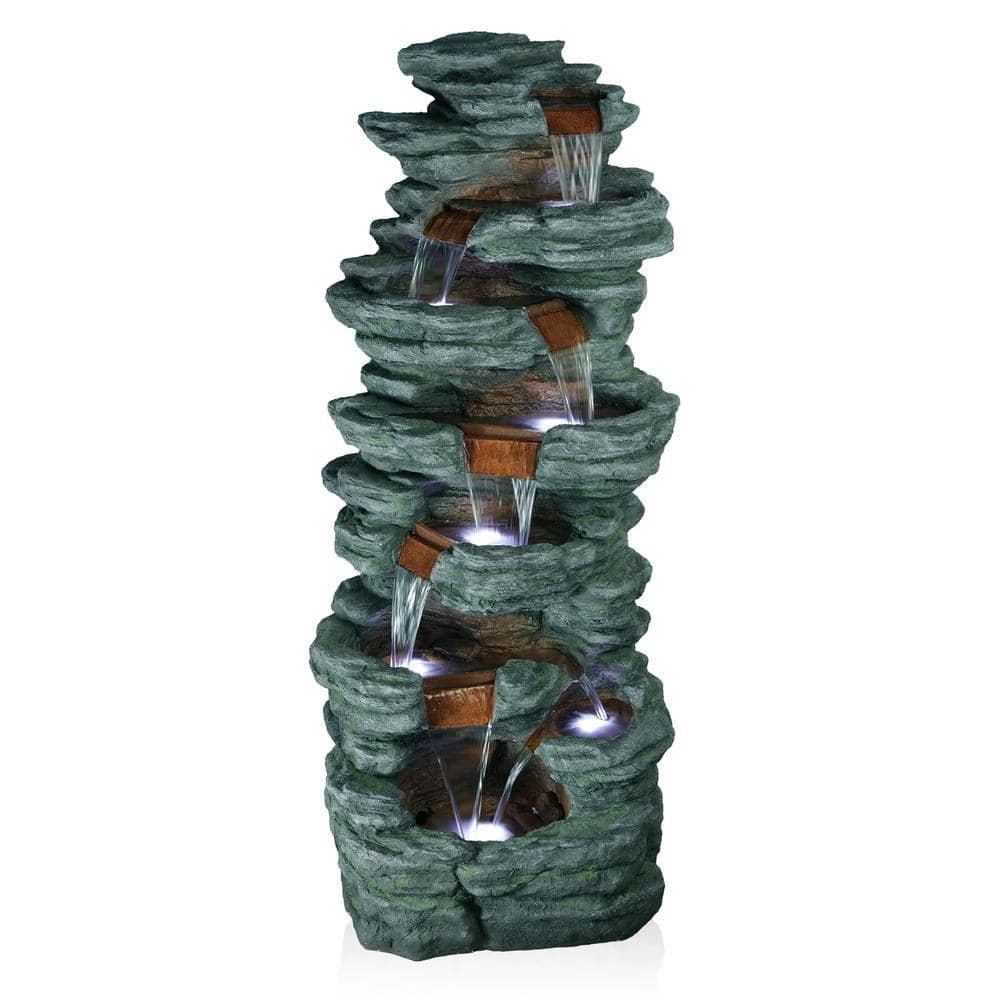 Alpine Corporation 79 in. Tall Multi-Tiered Outdoor Cascading Stone Fountain with LED Lights ...