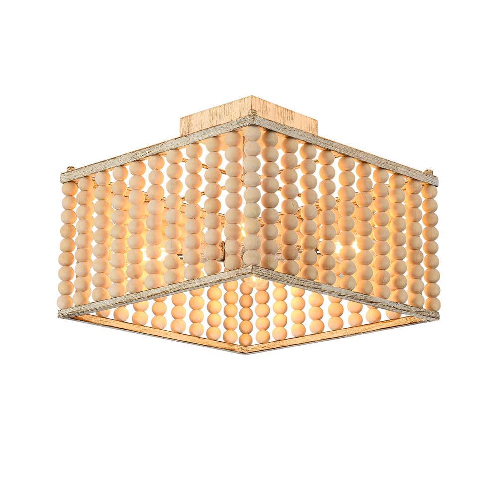 OUKANING 13 in. 4-Light Beige Farmhouse Wood Bead Semi-Flush Mount ...