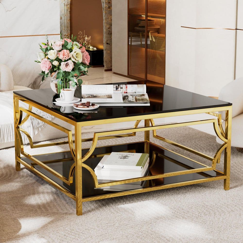 Noble House Fergus 33.50 in. Black Square Tempered Glass Coffee Table ...