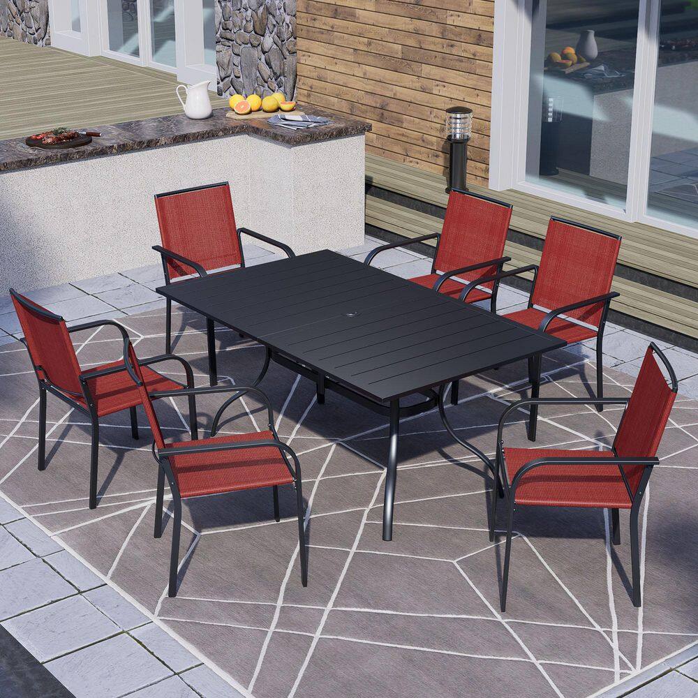 Anmutig 7-Piece Metal Rectangular Outdoor Dining Set-Red THE28-CDGRE6 ...