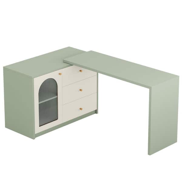BYBLIGHT 82.67 in. L Shaped Mint Green Engineered Wood 3-Drawer ...