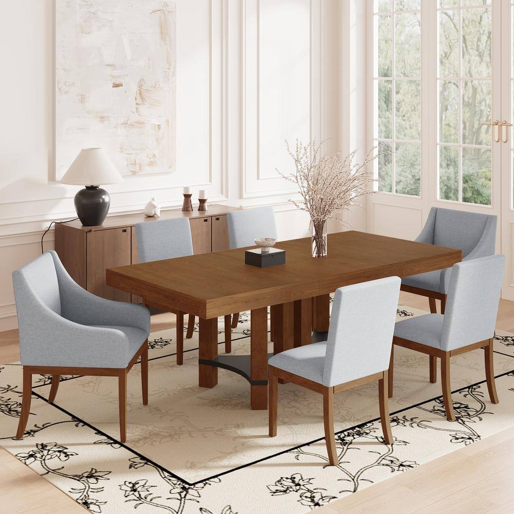 Harper & Bright Designs 7-Piece Rectangle Brown Wood Top Extendable Dining Table Set with 18 ...