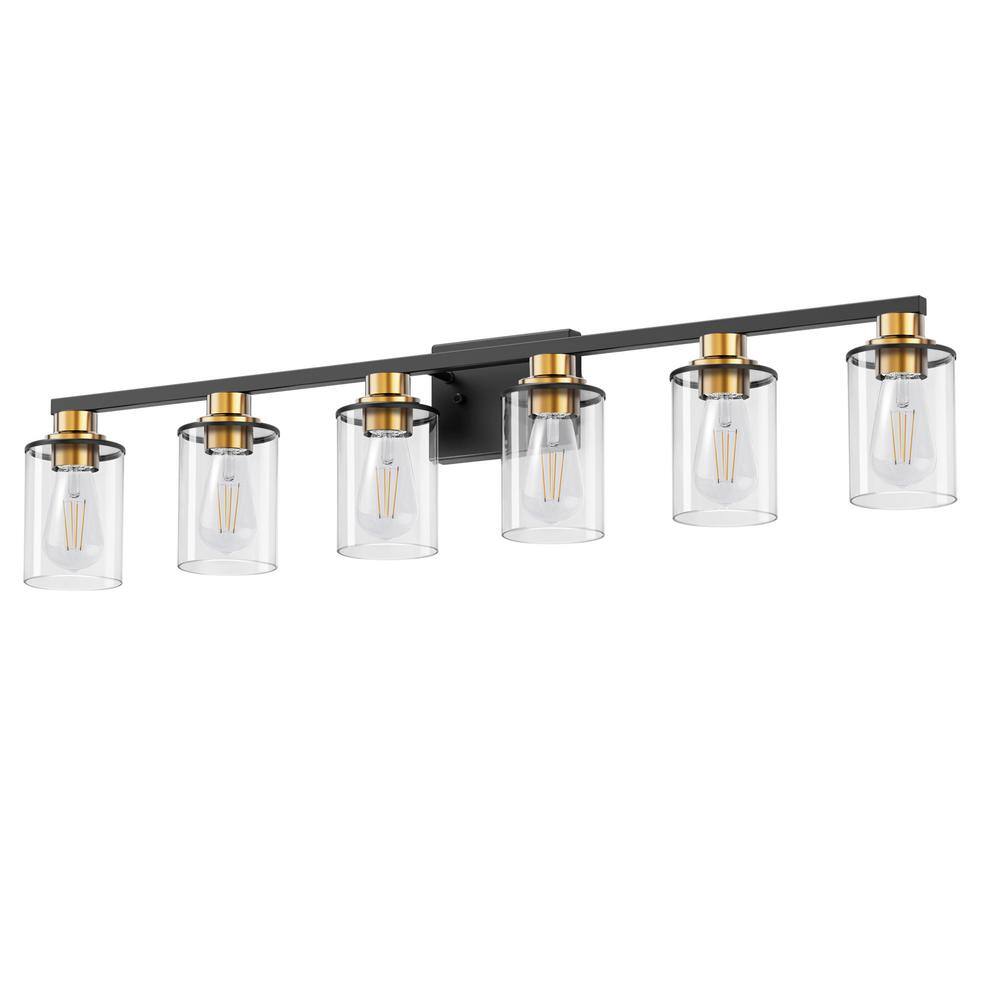 Briignite 40 in. 6-Light Black and Gold Cylinder Glass Shade Vanity ...