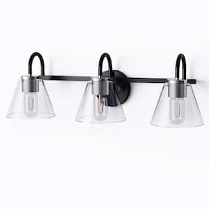 Briignite 25 in. 3-Light Matte Black Cone Vanity Light with Clear Glass ...