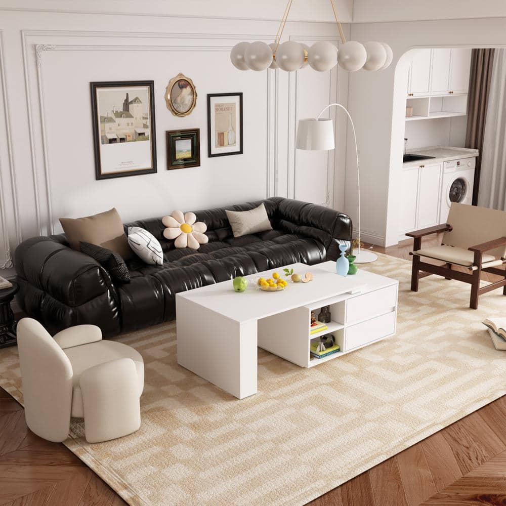FUFU&GAGA 39.4 in ., Length White Rectangle Wooden Coffee Table with ...