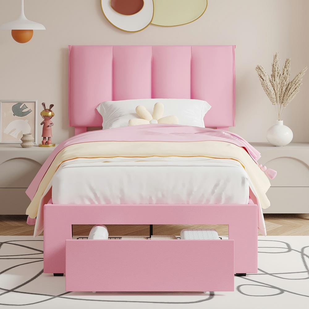 VECELO Bed Frame with Storage Drawer, Pink Metal Frame Twin Platform ...