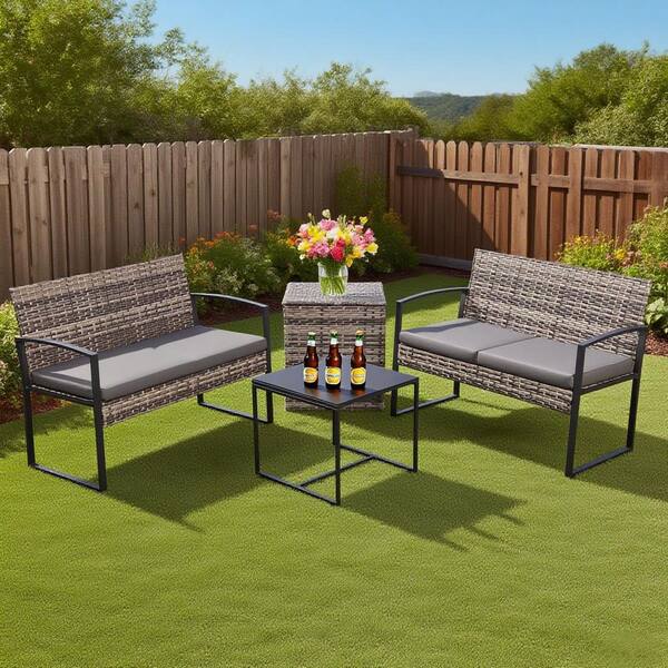 4-Piece Gray Metal Patio Conversation Set with Drak Gray Cushions ZN ...
