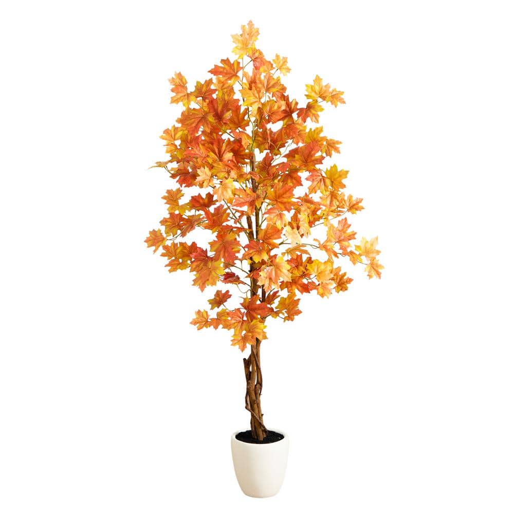 Nearly Natural 5 ft. Artificial Fall Double Trunk Maple Autumn Tree in ...