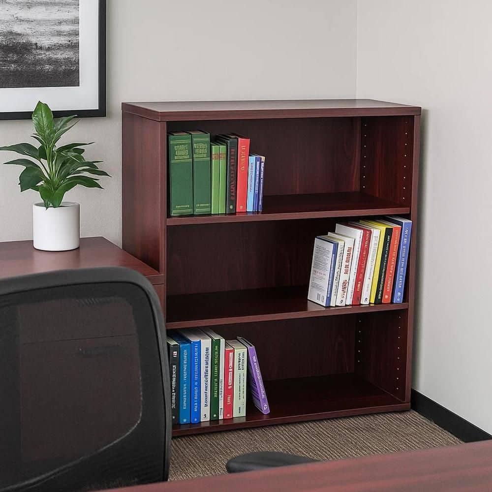 Benjara Mery 36 in. Tall Mahogany Red Wood 3-Shelf Hutch Bookcase with ...