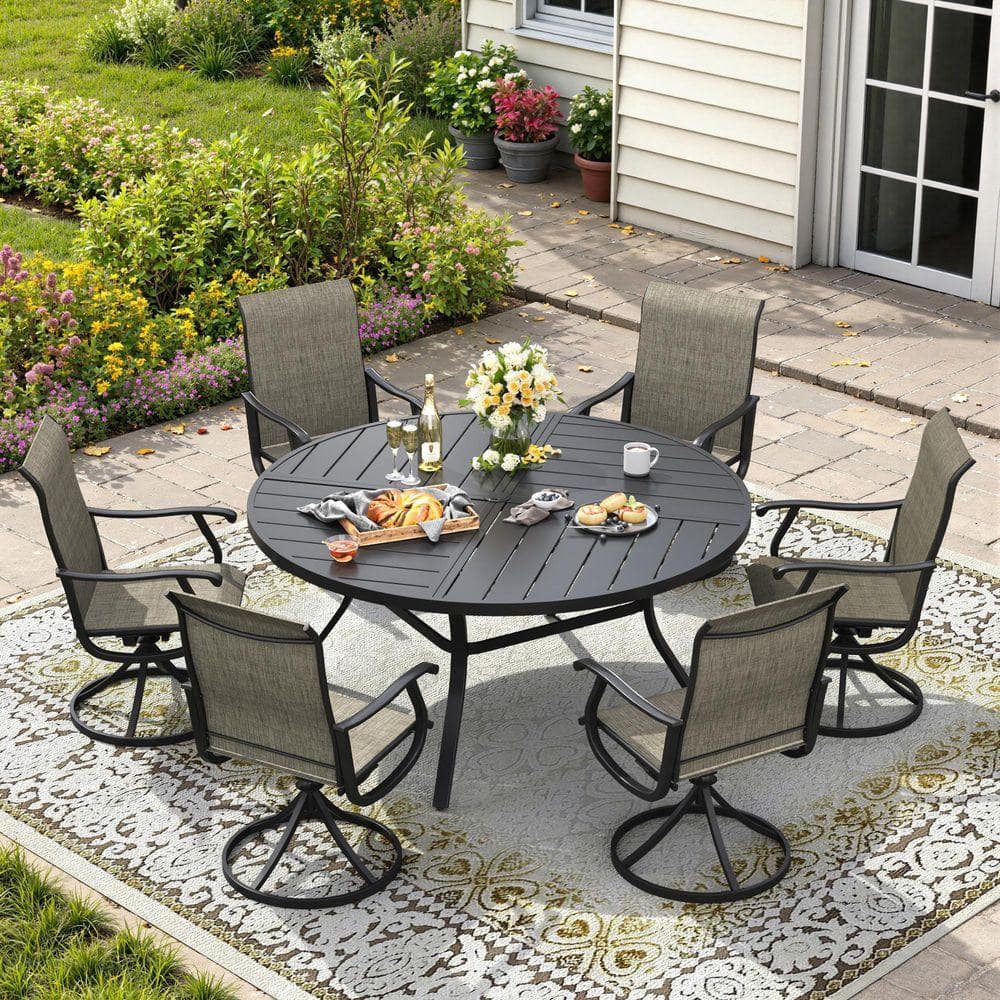 vicllax 7-Piece Metal Outdoor Patio Dining Set with 50 in. Black Round ...