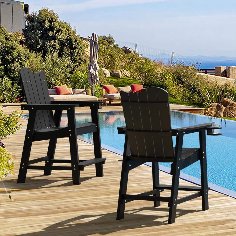 LUE BONA Black Plastic Adirondack Outdoor Bar Stool with Cup Holder ...