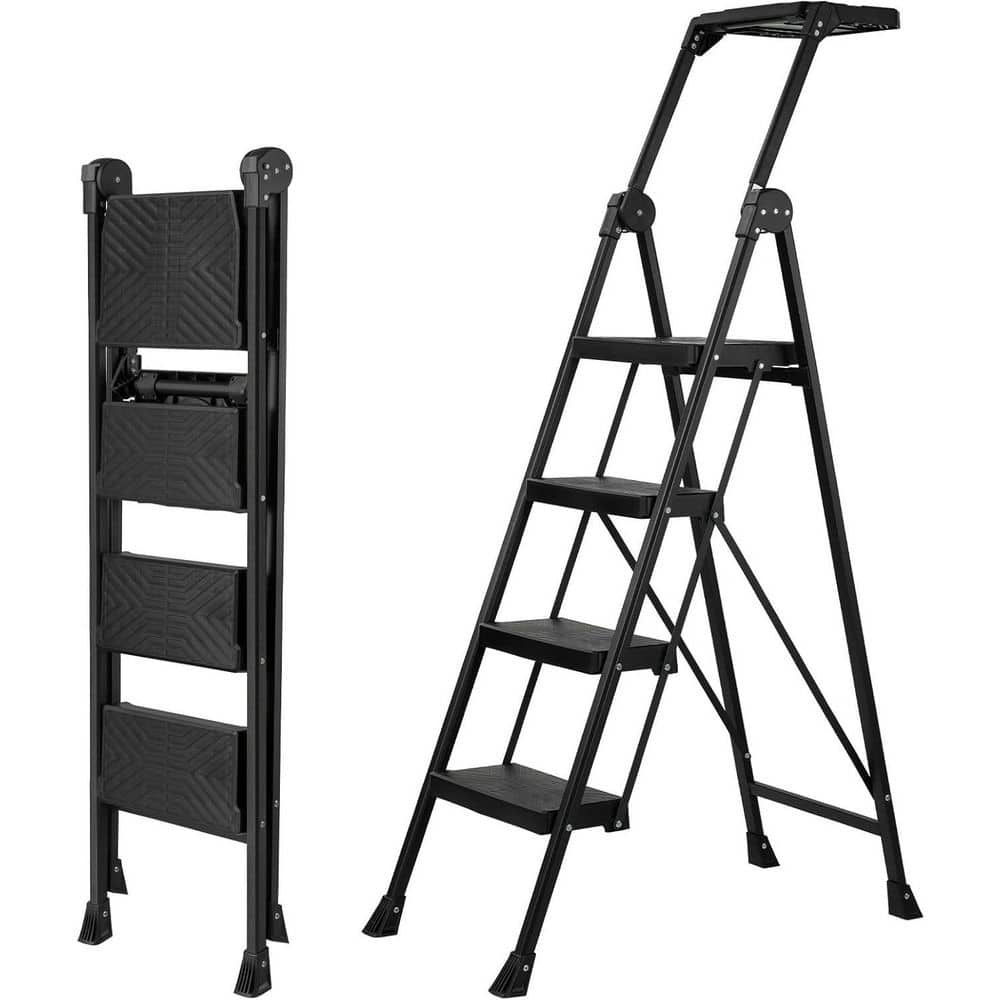KIWDZFU Foldable 4 Step Ladder with Handrail and Tool Tray, Anti-Slip ...