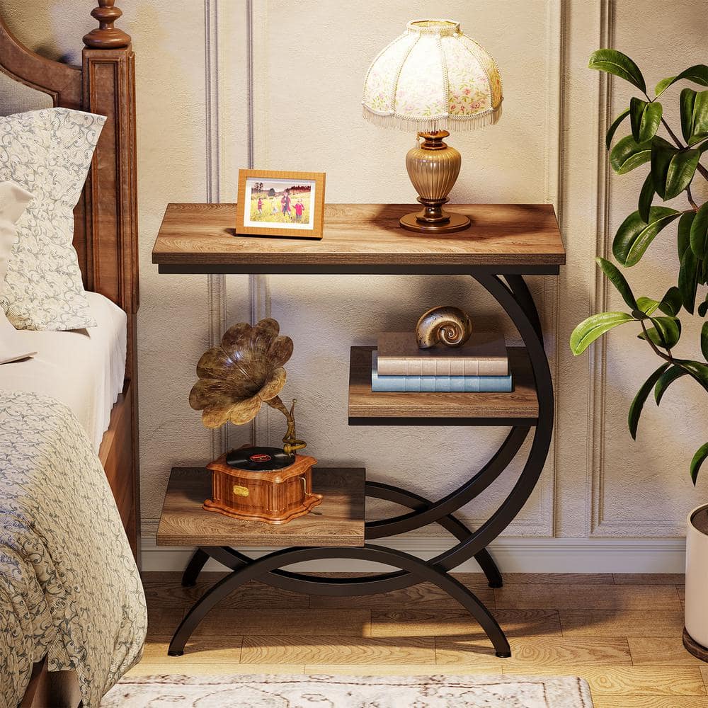 BYBLIGHT Kerlin 11.81 in. Light Brown Wood C-Shaped End Side Table BB ...