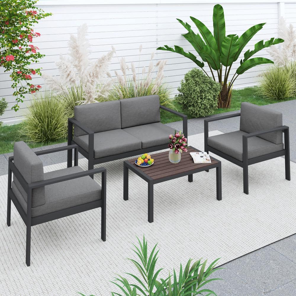 Zeus & Ruta Black 4-Piece Aluminum Outdoor Patio Conversation Seating Set with Gray Cushions and ...
