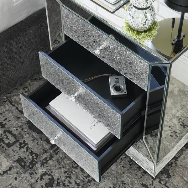 Unbranded Silver MDF Outdoor Side Table with 3 Drawers Glass Doors Mirrored Small Side Cabinet for Living Room Bedroom AS 584