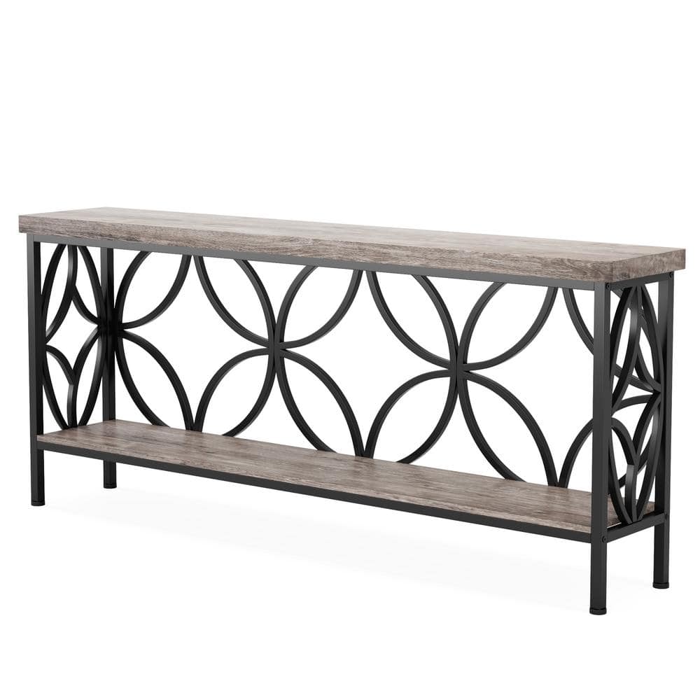 BYBLIGHT 70.9 in. Grey and Black Rectangle Engineered Wood Sofa Console ...