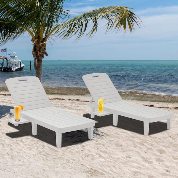 White Plastic Outdoor Chaise Lounge with Reclining Adjustable Backrest ...