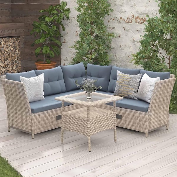SUNRINX 4-Piece Wicker Outdoor Patio Conversation Set with Gray ...