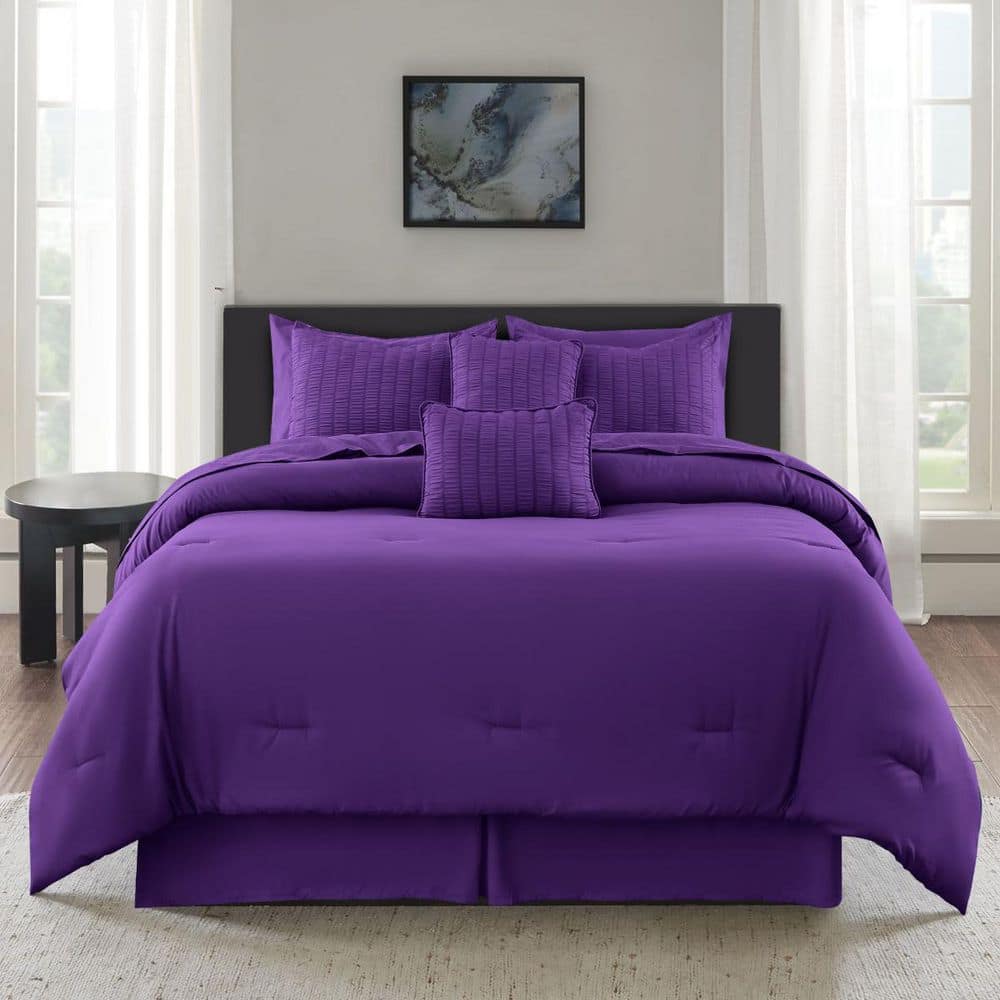 LDC LUX DECOR COLLECTION 10-Piece Purple Solid Color Microfiber King Bed in a Bag CMF-10PC-K ...