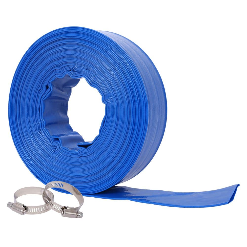 cadeninc Backwash Hose 2 in. x 100 ft. Heavy Duty Blue PVC Lay Flat Water Discharge Pump Hose ...