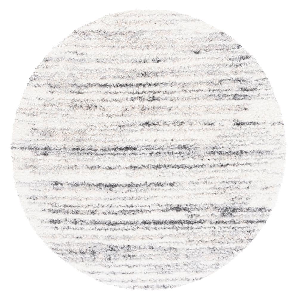 SAFAVIEH Berber Shag 7 ft. x 7 ft. Ivory/Gray Striped Abstract Round ...