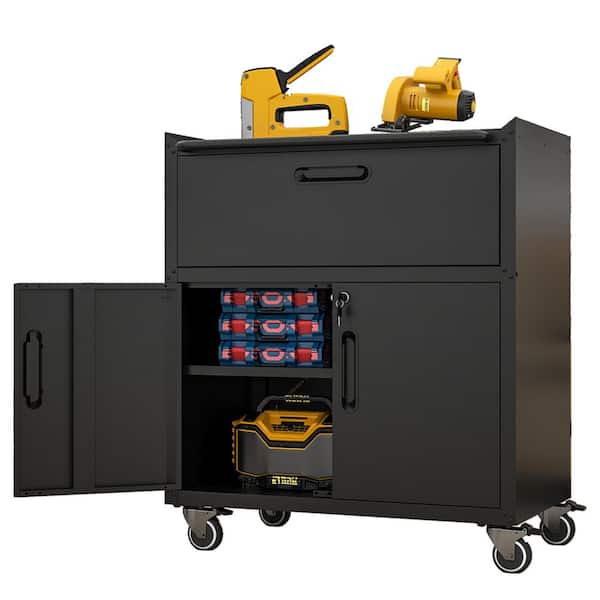Boyel Living 1-Drawer 29.53 in. W Black Tool Storage Cabinet on Wheels ...