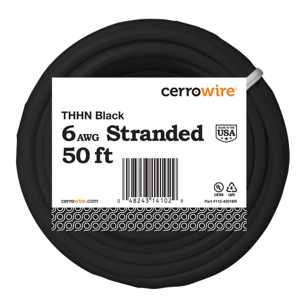 Cerrowire 50 ft. 6 Gauge Black Stranded Copper THHN Wire 112-4201BR ...