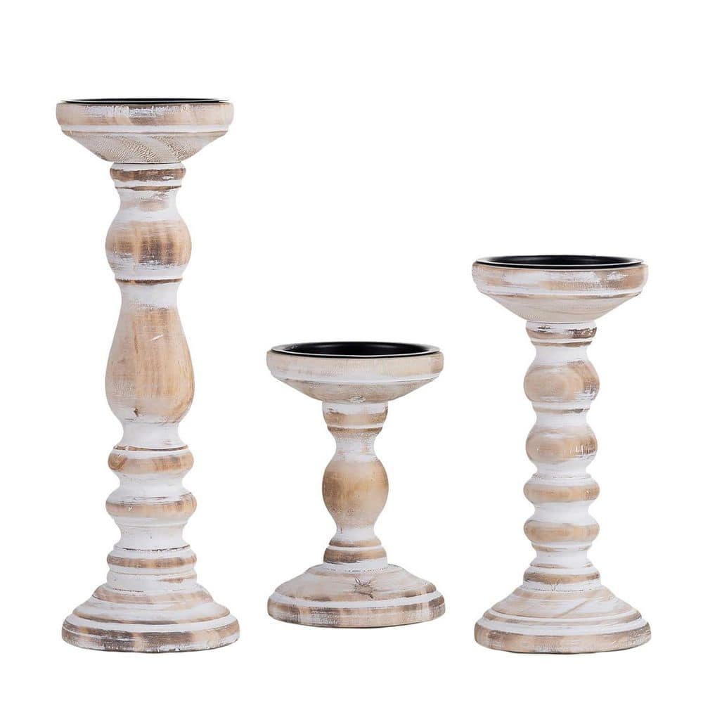 White Wood Candlestick Holder 3-Pack Z0B3J3CLY7 - The Home Depot
