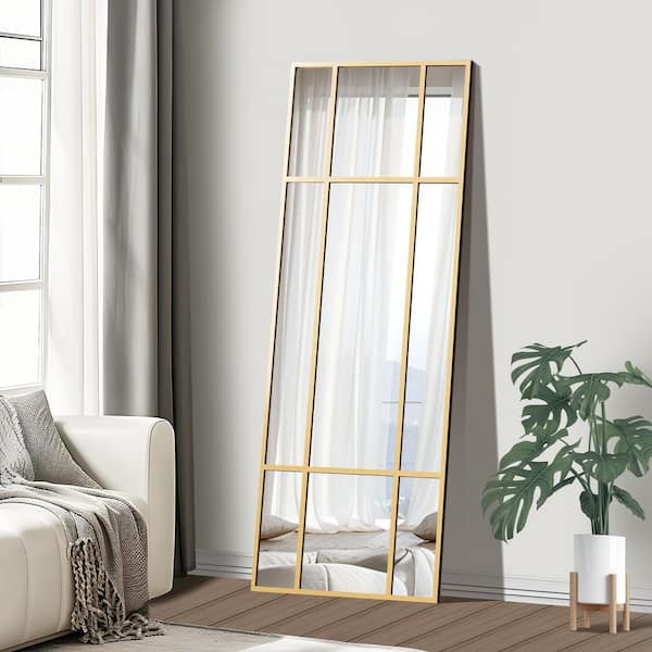 Wooakway 24 in. W x 63 in. H Gold Metal Window Pane Mirror Ornate ...