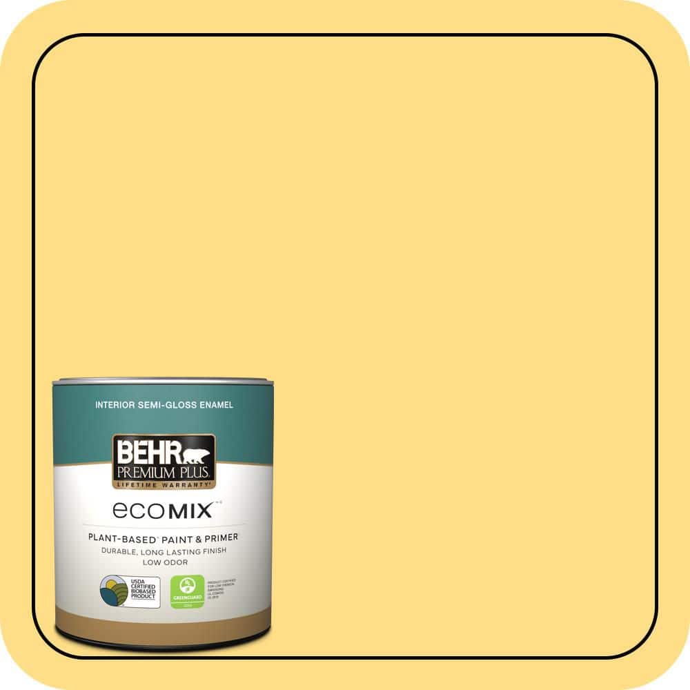 BEHR PREMIUM PLUS 1 qt. #330B-5 Yellow Corn Semi-Gloss Enamel EcoMix ...