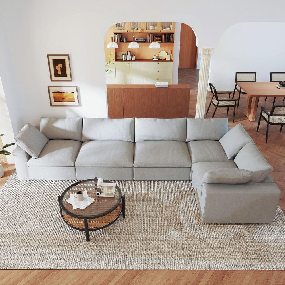 Magic Home Pine Wood Deep Seat 118 in. Square Arm Linen 5-Piece Down Filled Cloud Modular ...