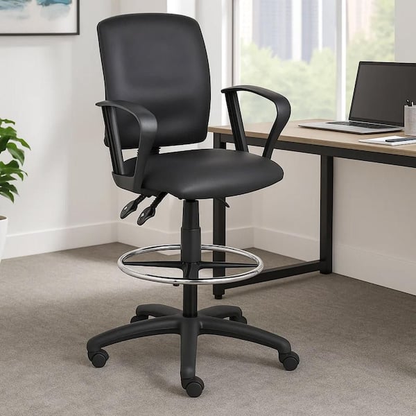 Benjara Reza Leather Rolling Task Chair in Black and Chrome Arms BM344527 - The Home Depot