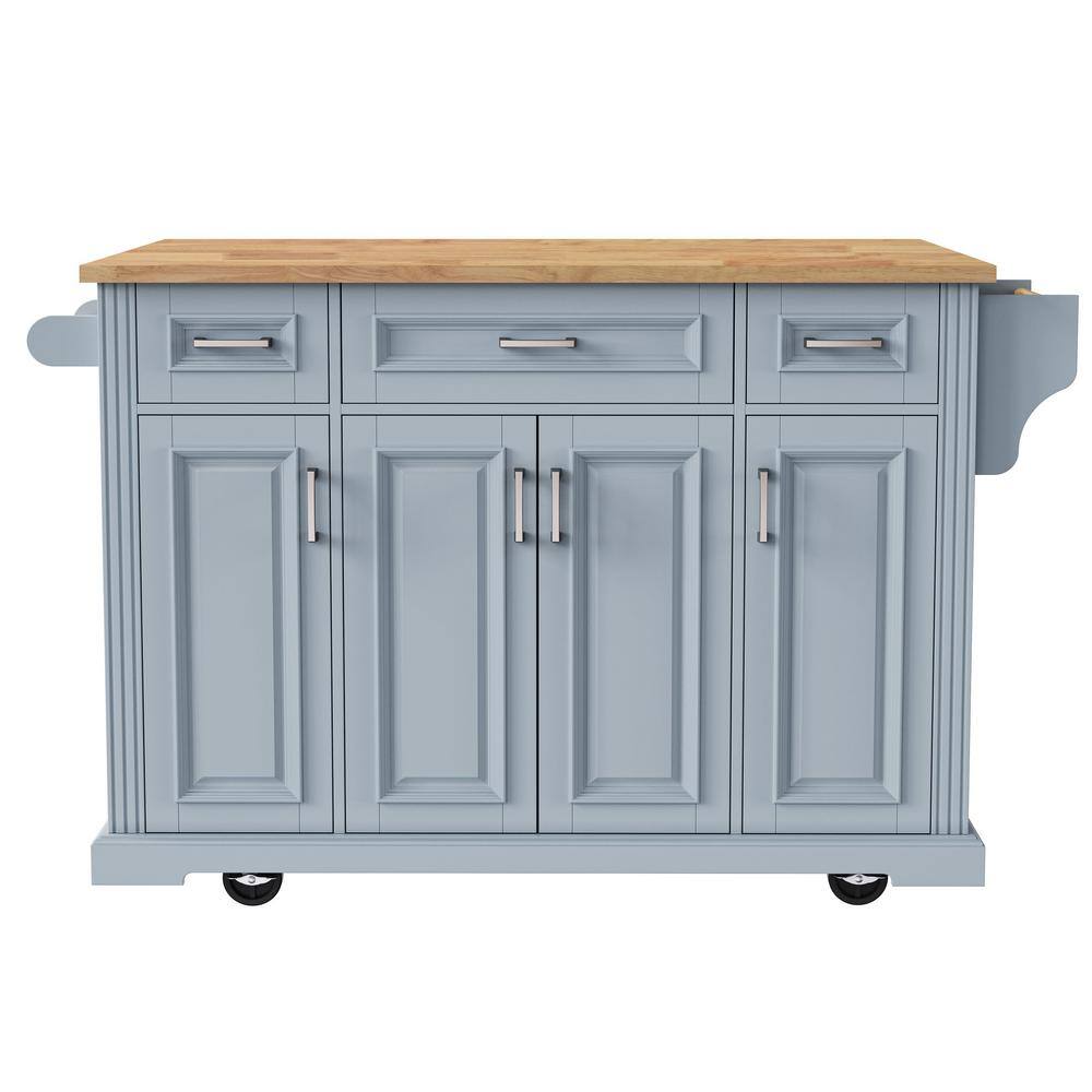 Rolling Blue Drop Leaf Wood Top 54 in. Kitchen Island Cart with ...