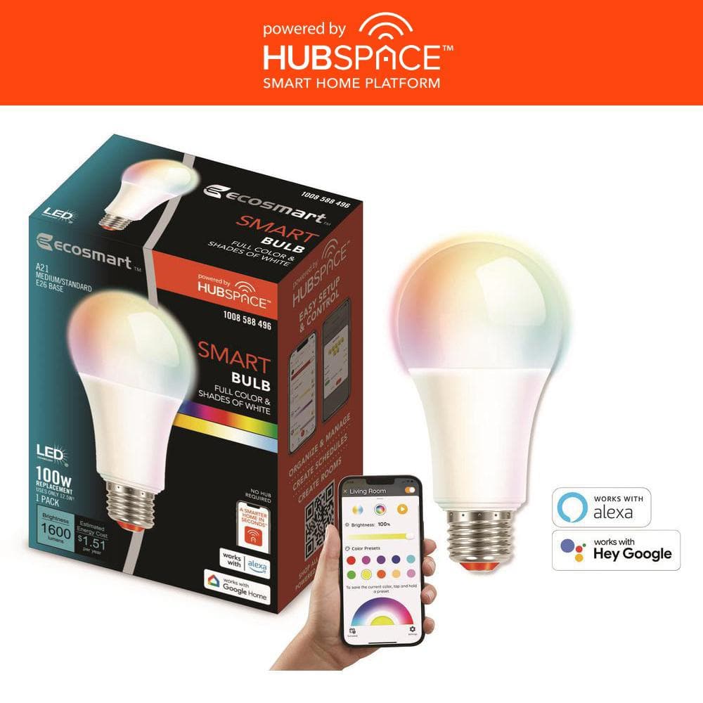EcoSmart 100-Watts Equivalent Smart A21 Color Changing CEC LED Light ...