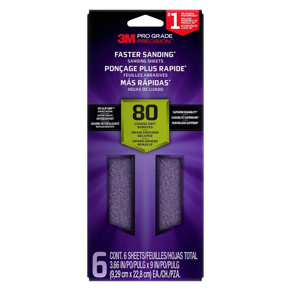 3M Pro Grade Precision 3 2/3 in. x 9 in. Coarse 80 Grit Faster Sanding ...