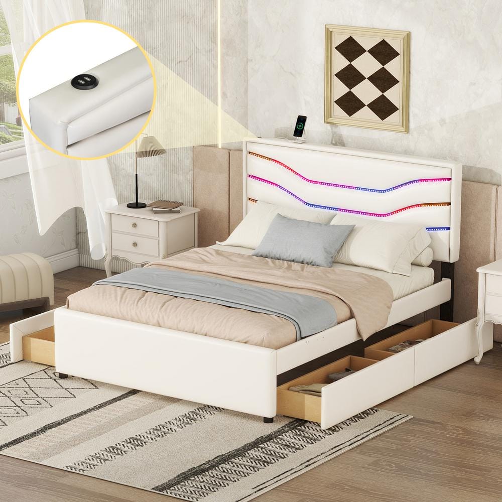 Polibi White Wood Frame Queen Size Platform Bed with LED, 4 Drawers and ...