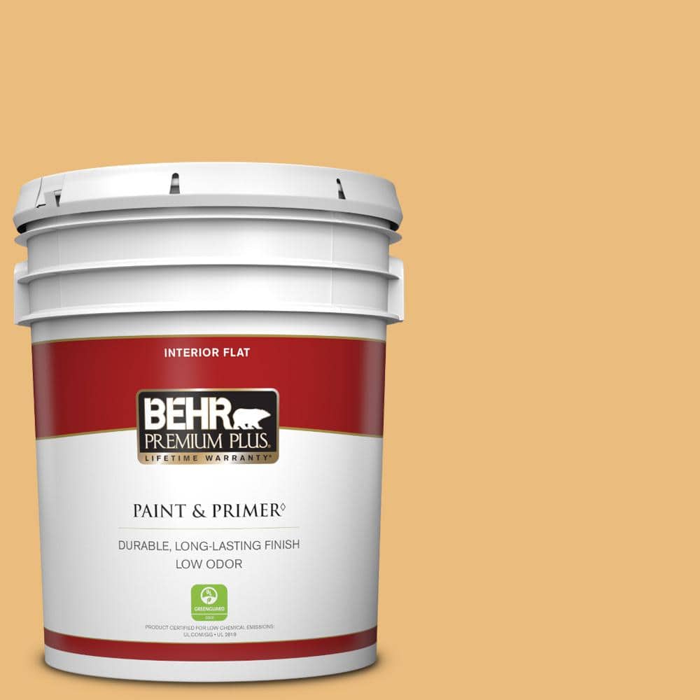 BEHR PREMIUM PLUS 5 gal. #310D-4 Gold Buff Flat Low Odor Interior Paint ...